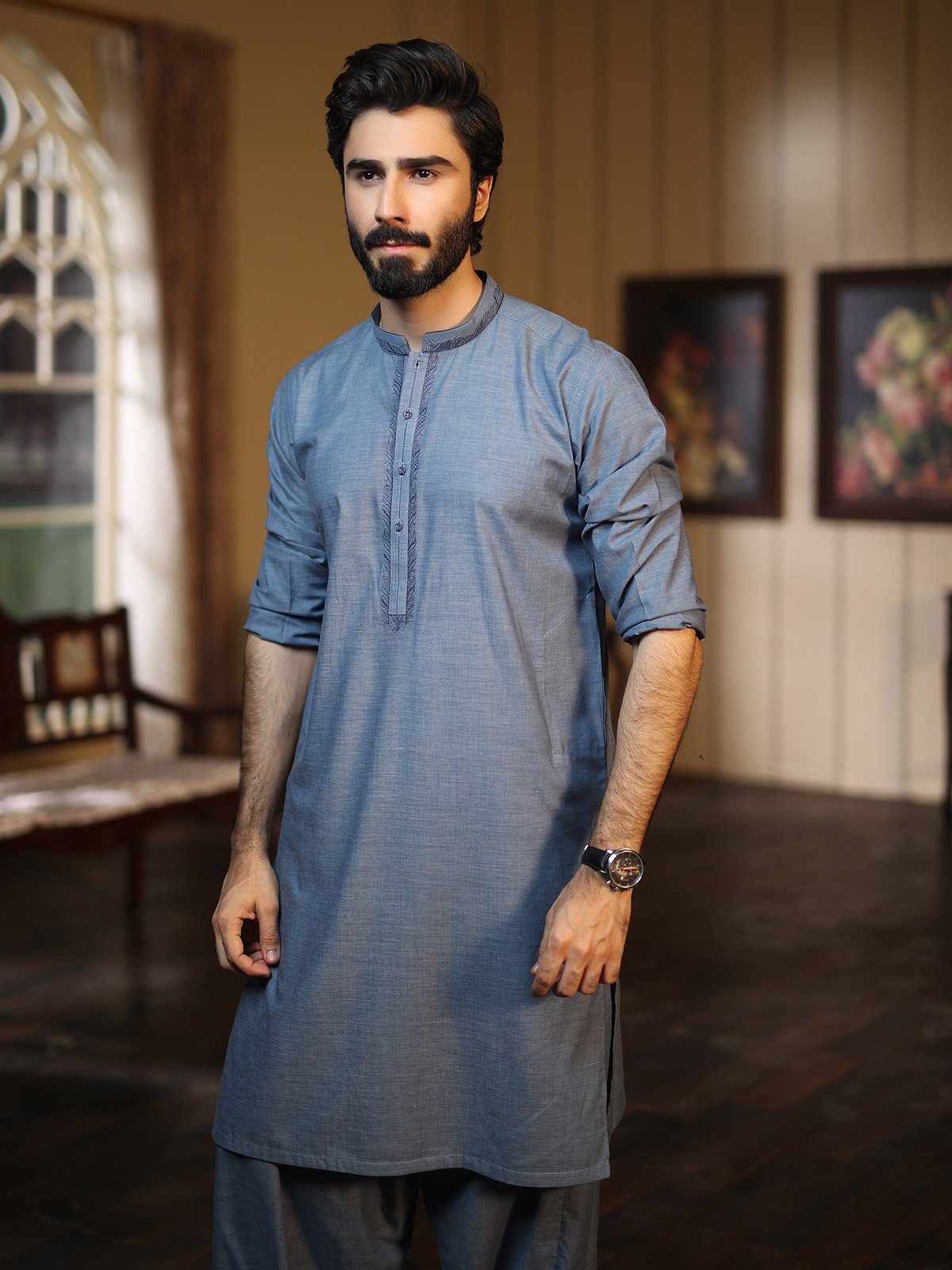 edenrobe Men's Blue Kurta Shalwar - EMTKS19S-40745 – edenrobe Pakistan