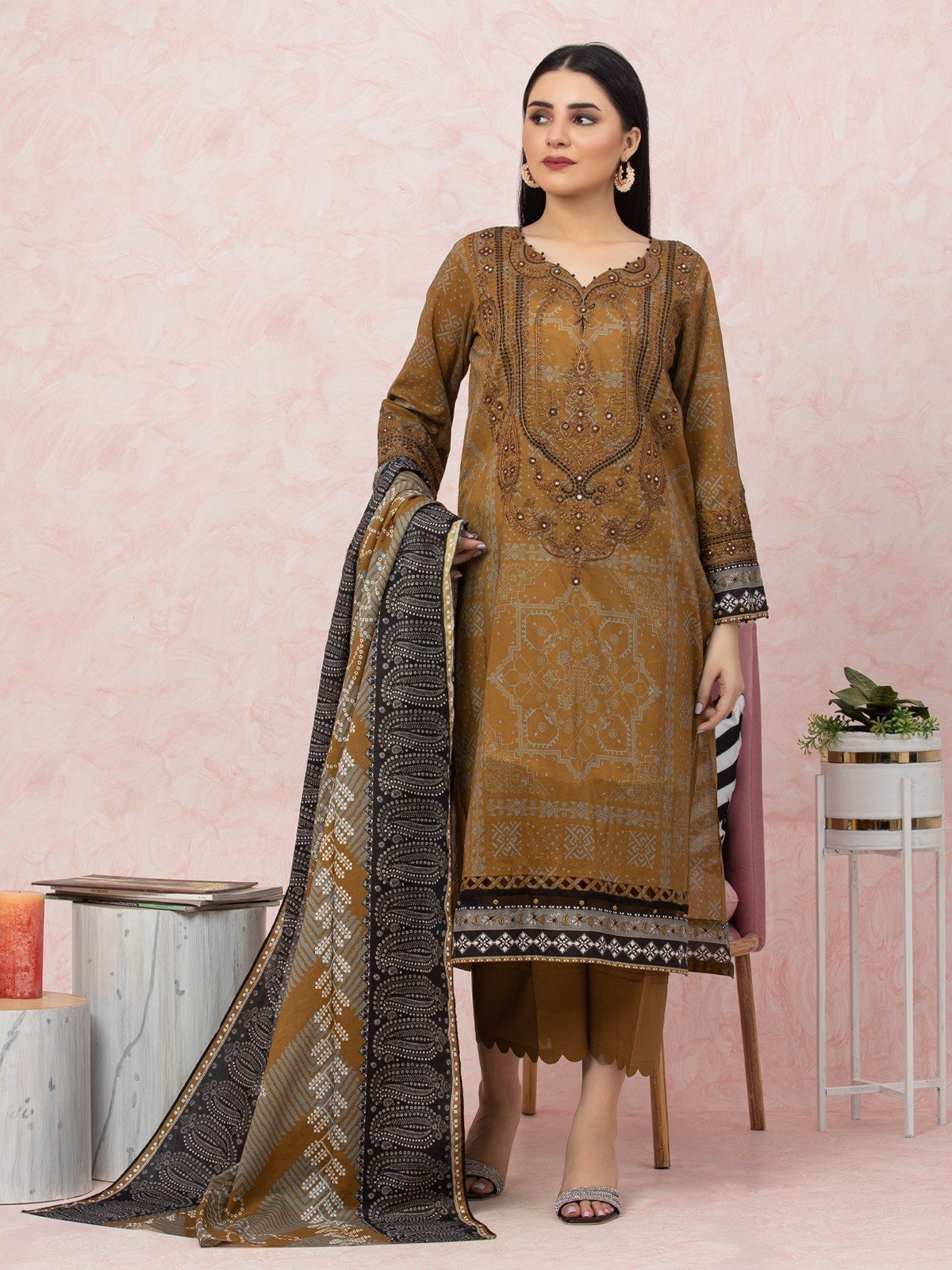 edenrobe Women's Dark Golden Unstitched 3PC Lawn - EWU22V1-26612 ...