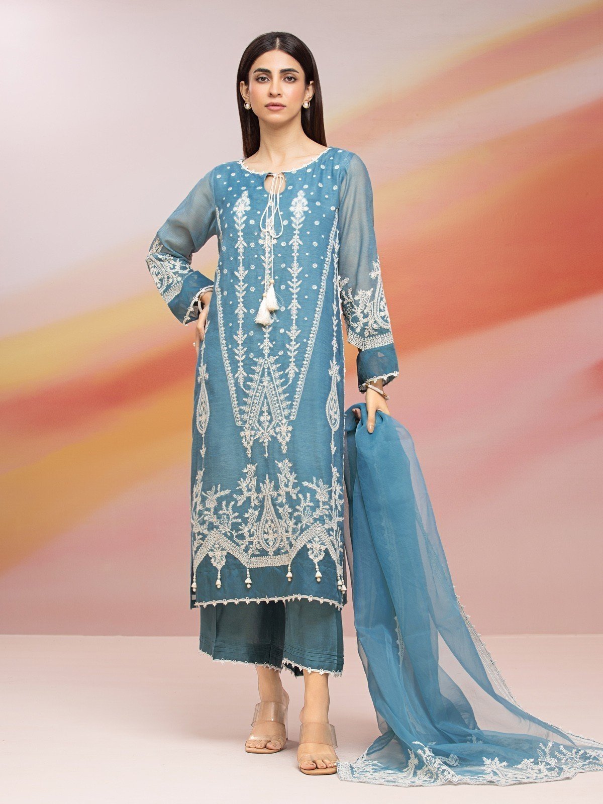 edenrobe Women's Teal Blue Unstitched 3PC Cotton Net - EWU23V15-26656 ...